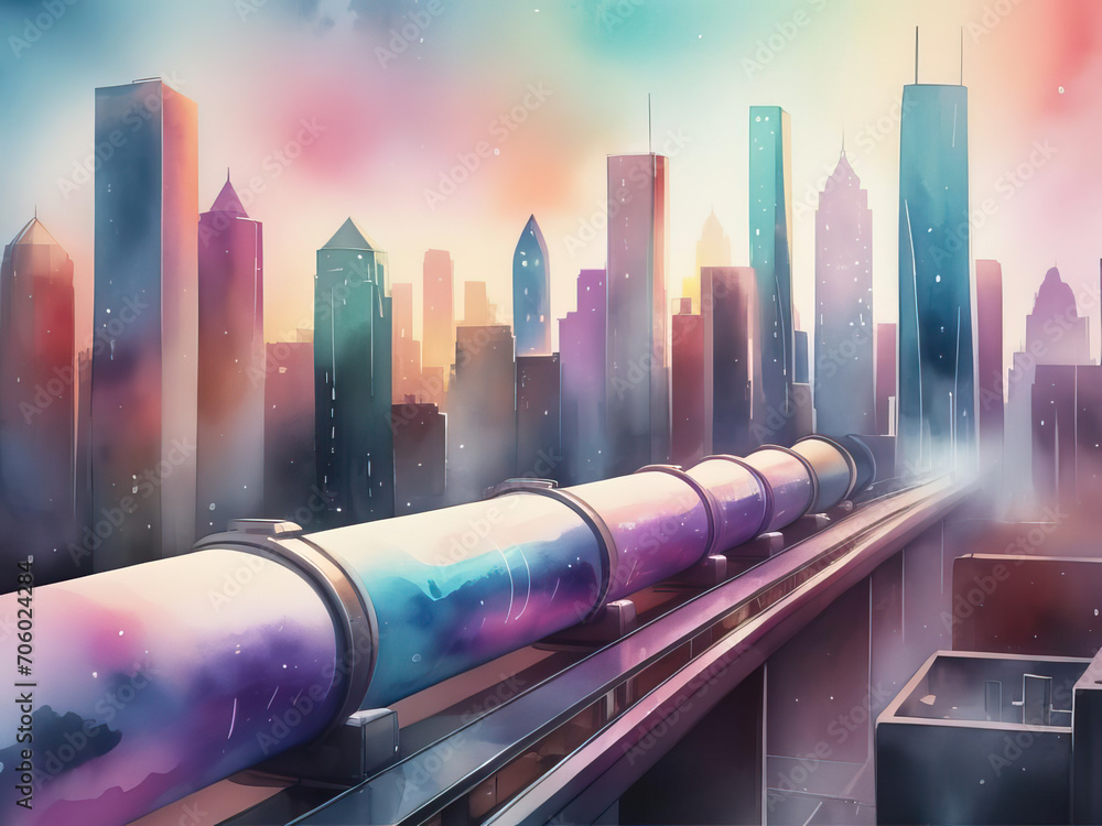 Whimsical Watercolor Cityscape - Hyperloop tubes crisscrossing the city ...