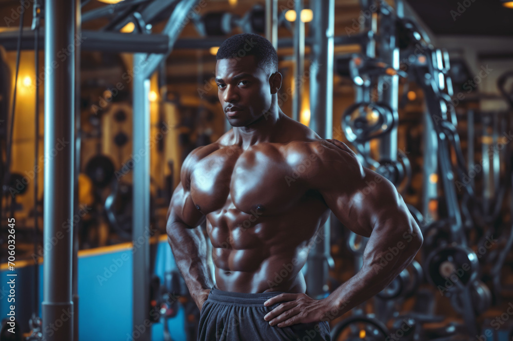 A powerful Afro American bodybuilder posing in the gym, showcasing well ...