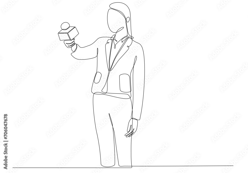Journalist woman drawing a single line. Beautiful female reporter ...