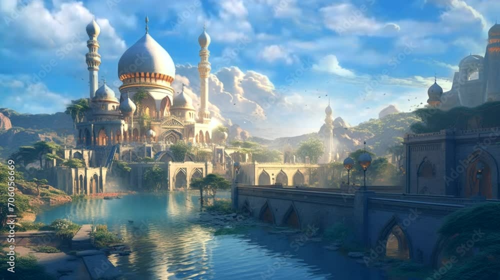 Islamic animation with lovely mosque structures and lush tree ...