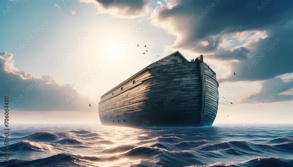 Noah's Ark on Ocean Expanse with Raven Soaring into Sunny Skies Stock ...