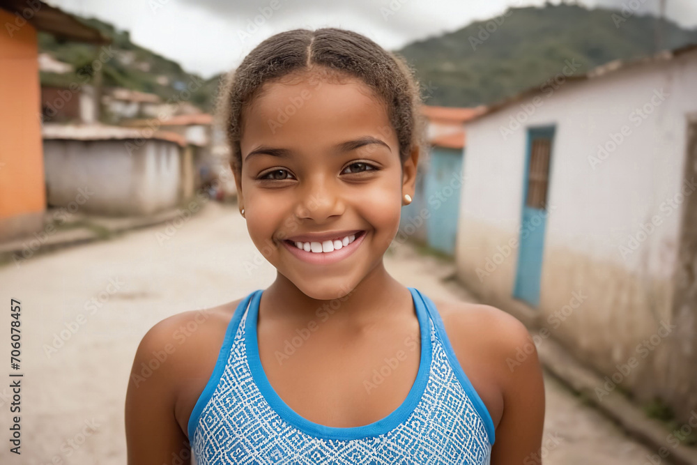 Happy girl on the outskirts, poor neighborhood. Artificial image ...