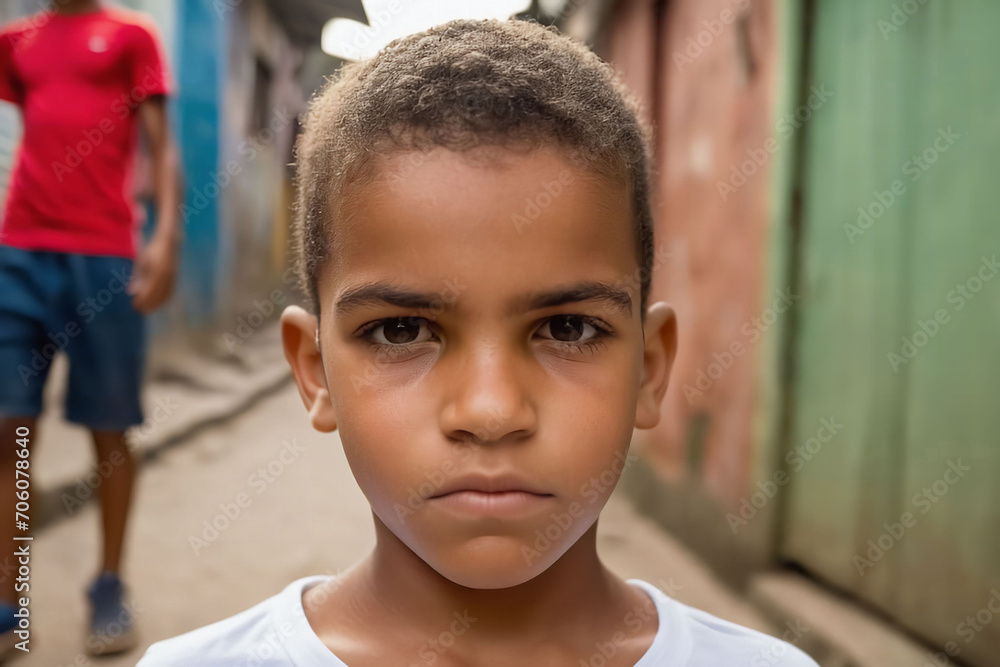 Sad boy on the outskirts, poor neighborhood or favela. Artificial image ...