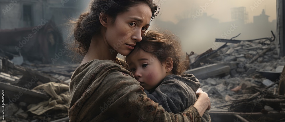 Resilient mother and child in war torn area. Human courage and survival ...