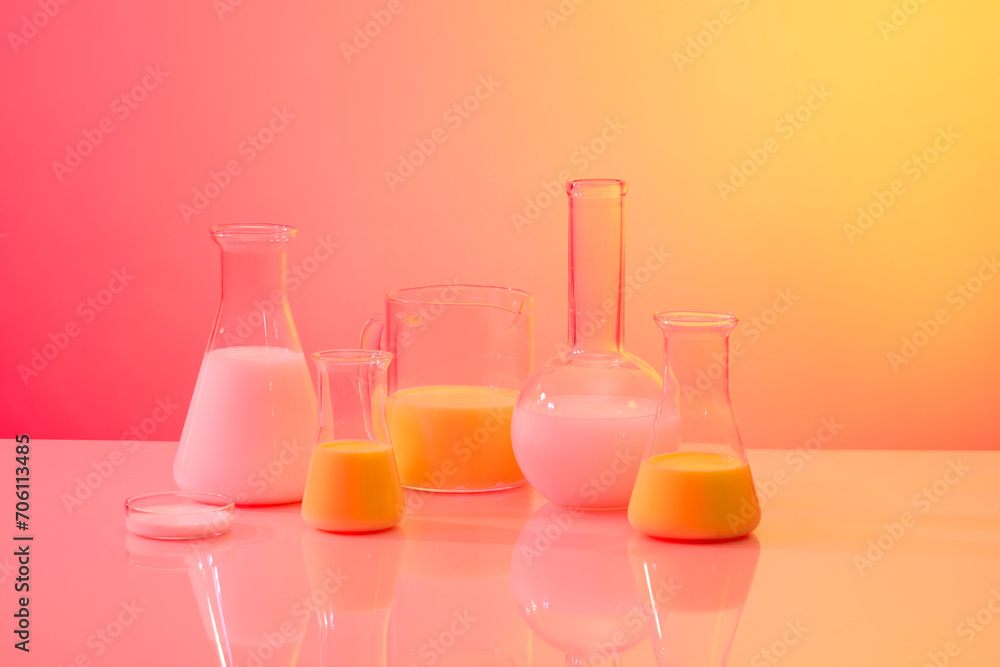 A flat-bottom florence flask, petri dish, a mug and conical flasks of ...