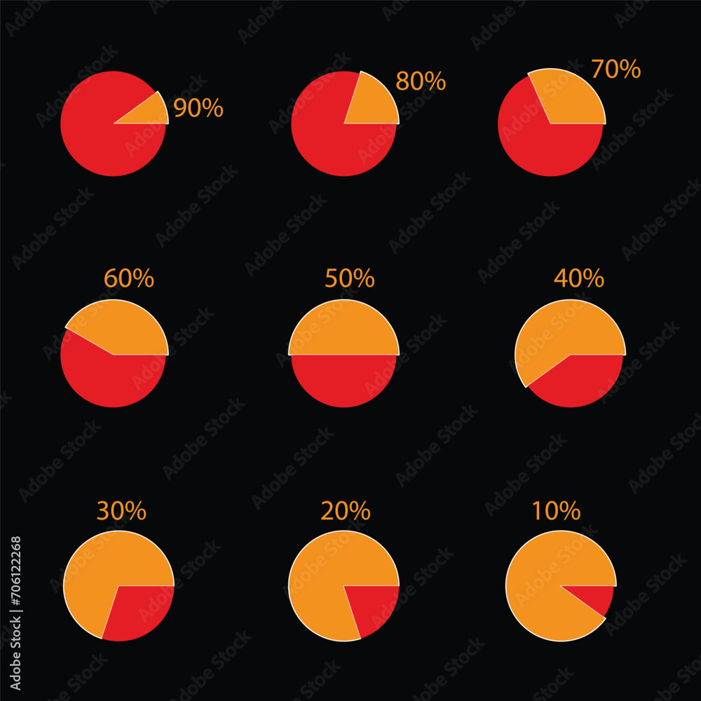 Set of pie charts percentage 10 to 90. Circle round chart, pie graph ...
