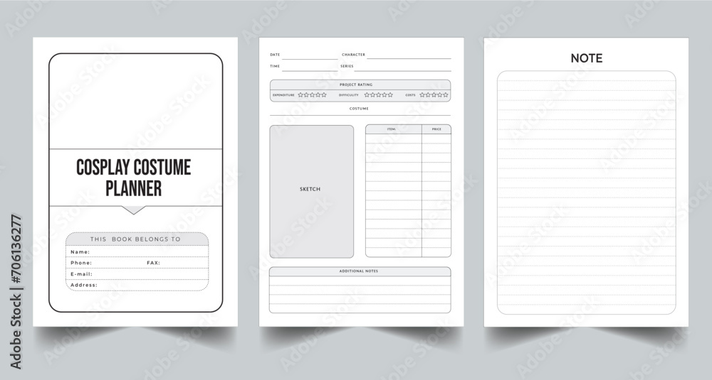 Editable Cosplay Costume Planner Kdp Interior printable template Design ...