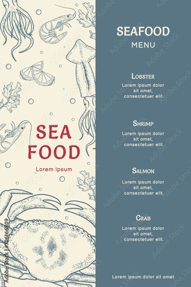 Seafood. Menu. Menu template for seafood restaurant. Retro style. Stock ...