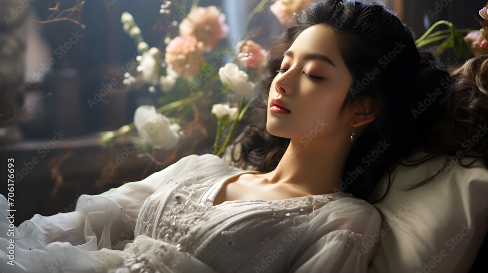 A beautiful young woman wearing a white robe lies on the coach with her ...