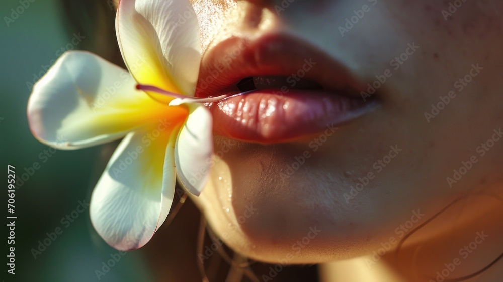 a close up of a woman's face with a flower sticking out of her tongue ...