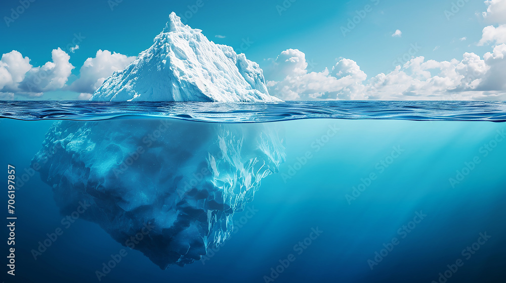Iceberg in clear blue water and hidden danger under water. Iceberg ...