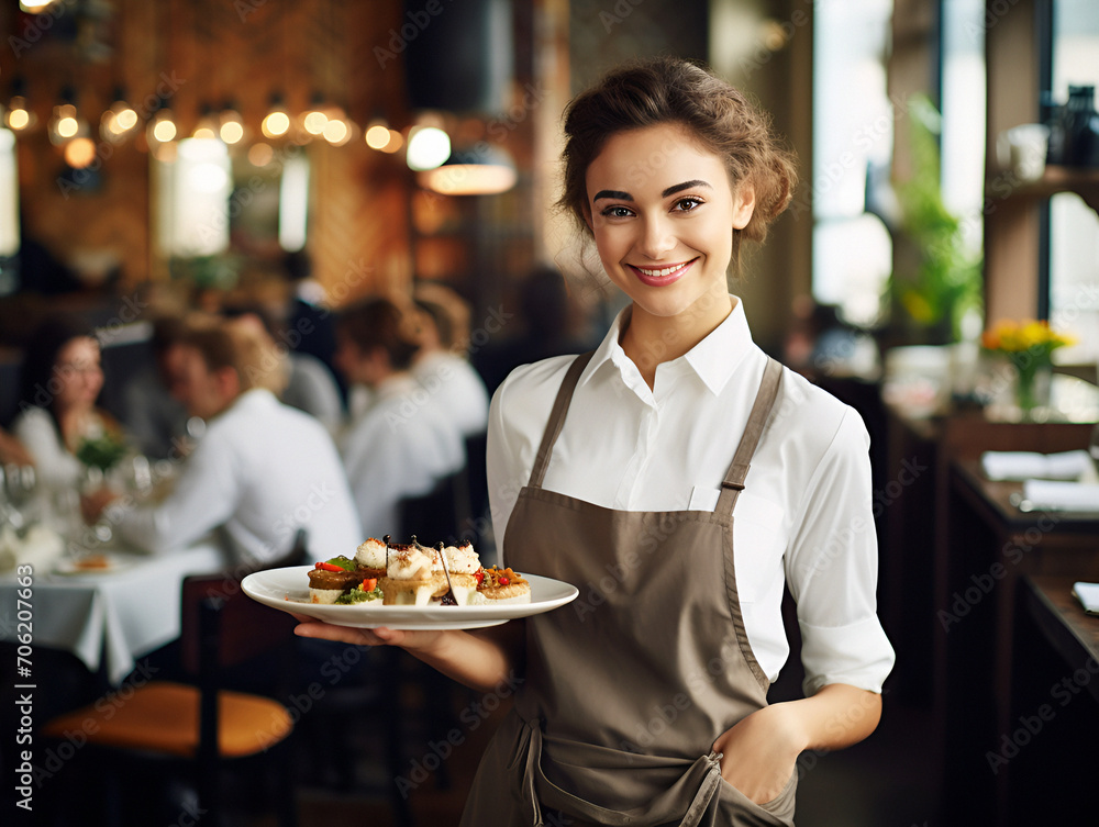 A beautiful young waitress in a restaurant with plates of food in an ...