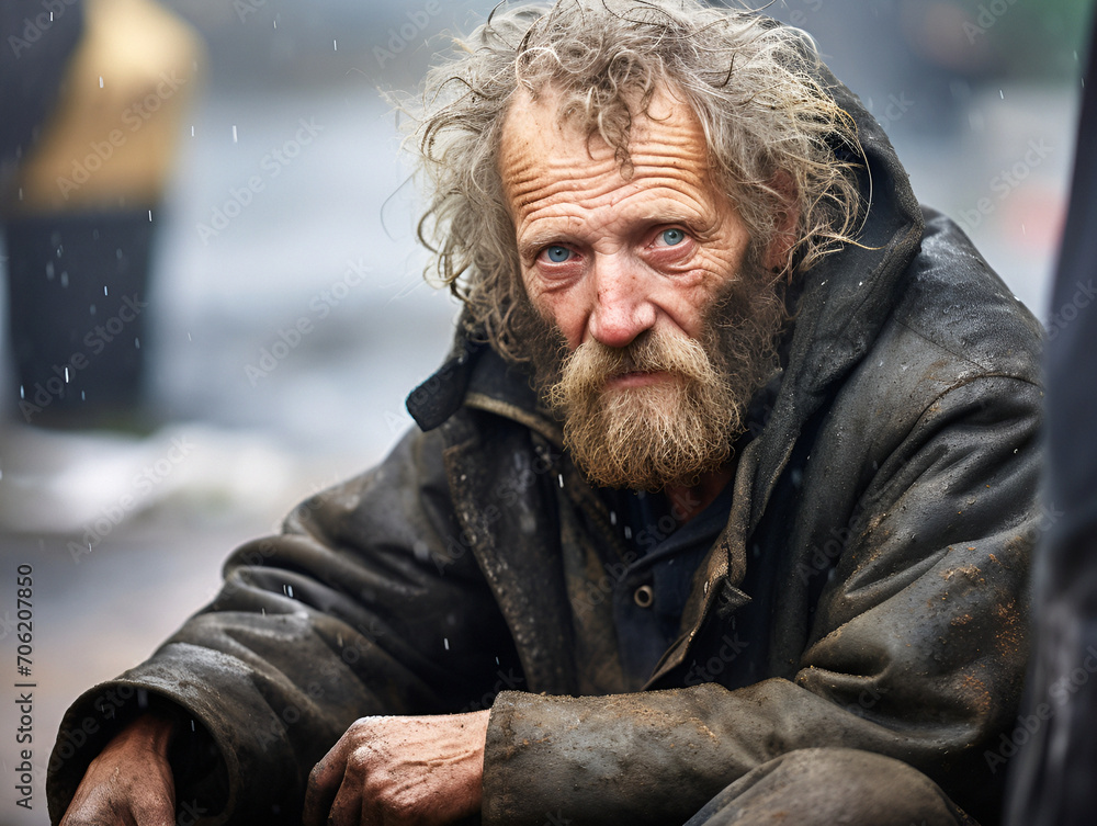 portrait of a homeless hobo old man with old clothes, a beard and messy ...