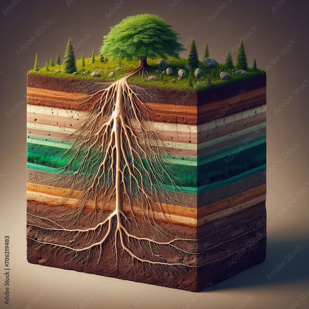 A drawn cross-section of a tree's root system in a soil profile ...