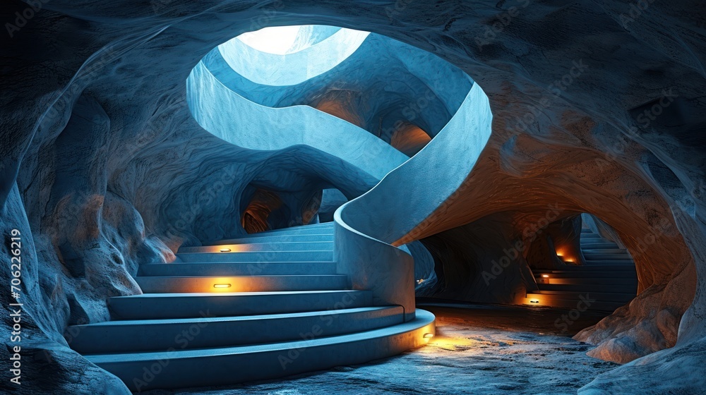 a set of steps leading up to a cave like area with a spiral staircase ...