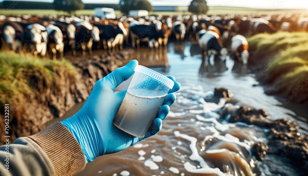 Collecting a water sample from a stream.Runoff Excess nutrients from ...