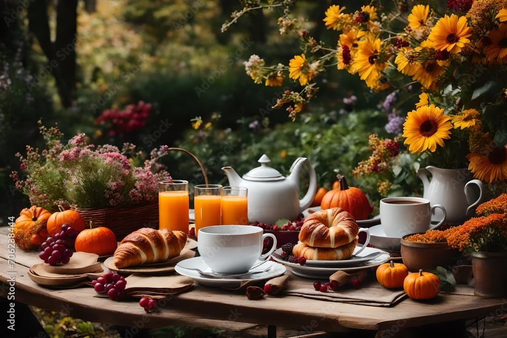 1. Illustrate a delightful tea time in an autumn garden, highlighting a ...