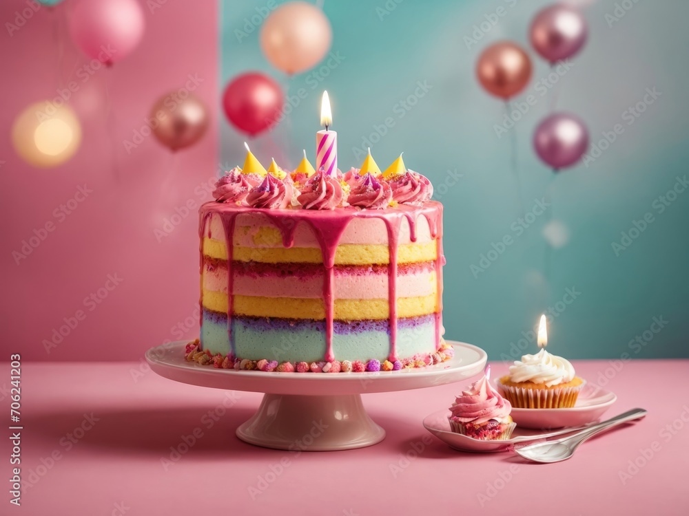 Colorful birthday cake on a pink background. Delight in the visual ...