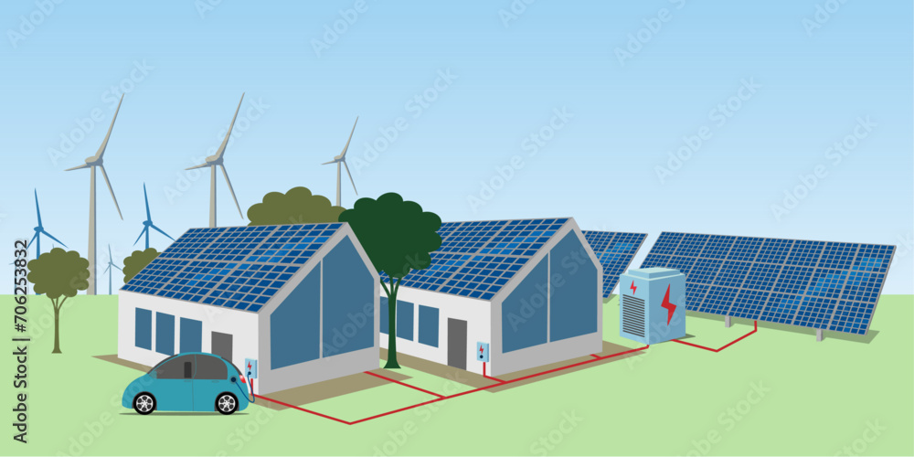 Renewable energy, solar panels and wind turbines generating sustainable ...