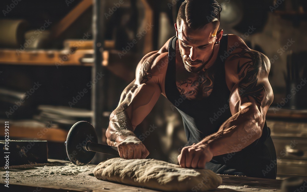 A muscular man at the gym vigorously slaps a weighted barbell against a ...