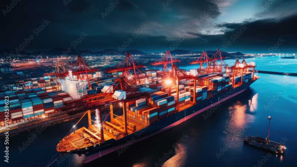 Container ship unloading in deep sea port, Aerial business commercial ...