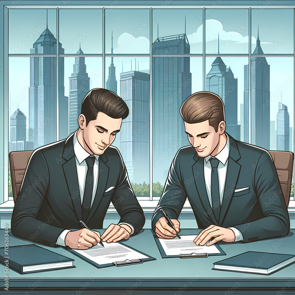 This cartoon style illustration showcases two men in a formal corporate ...