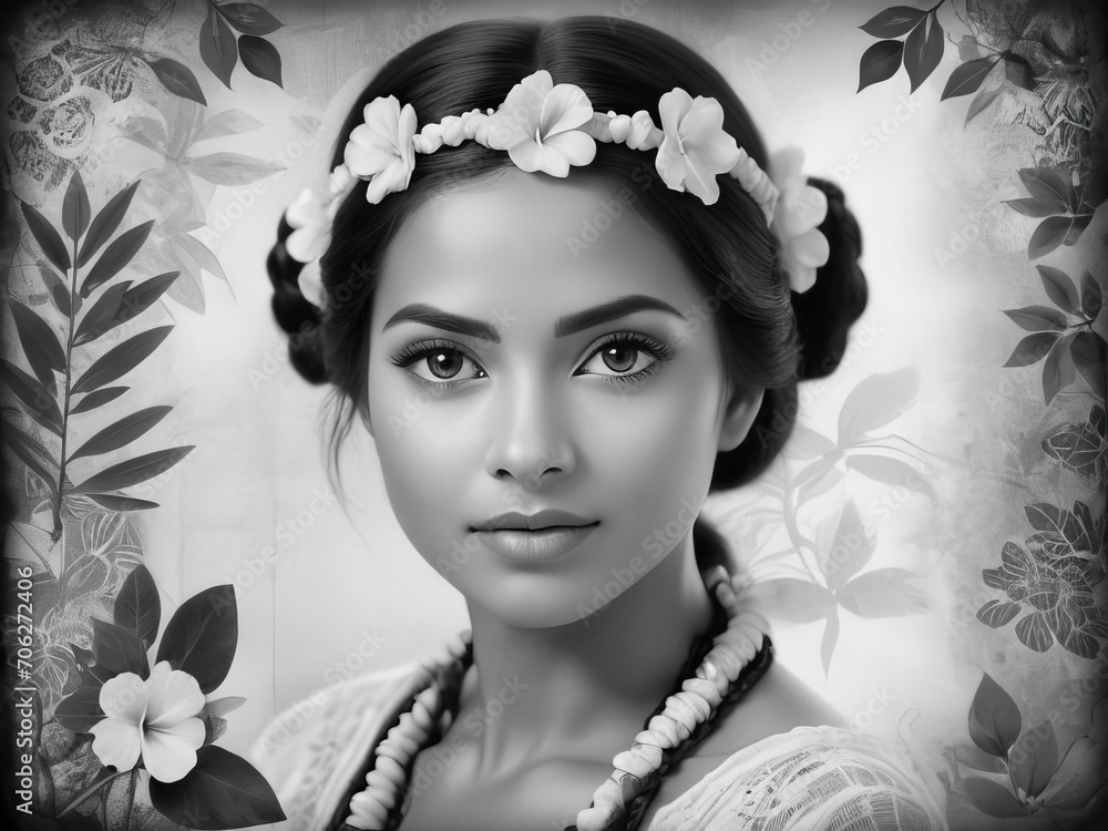 Hawaiian Bride in Traditional Holoku Dress - Medium Shot Mixed Media ...