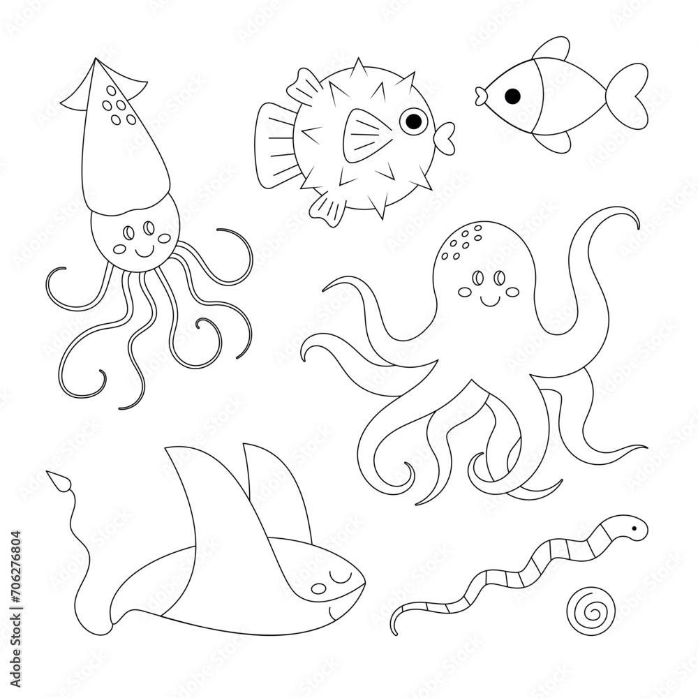 Sea animals coloring page. Cute cartoon characters set. Ocean octopus ...