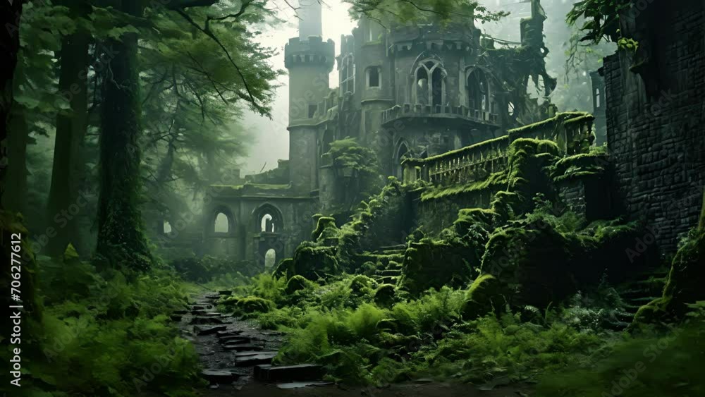 An abandoned castle in a dense forest fading away into a mysterious ...