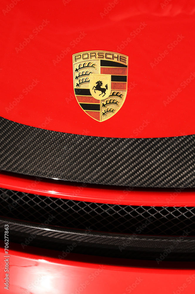 Porsche logo sign. Close up photo with the logo sign of a luxury speed ...