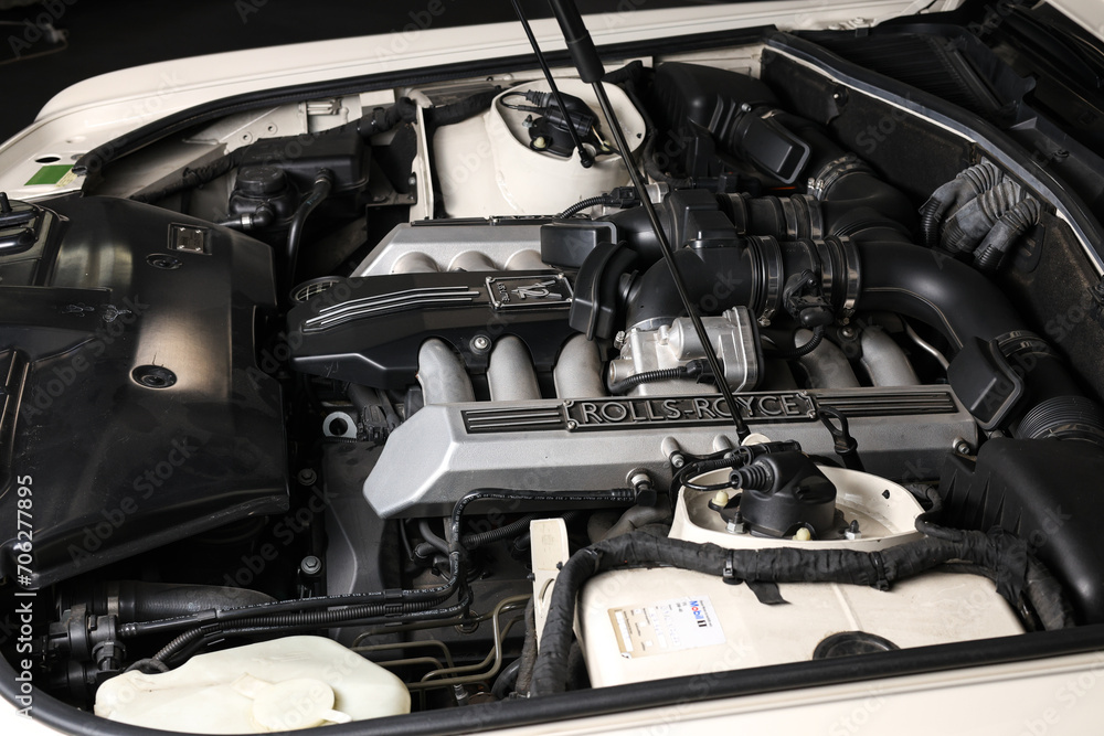 Rolls-Royce Phantom engine. Close up photo with the V12 engine on this ...