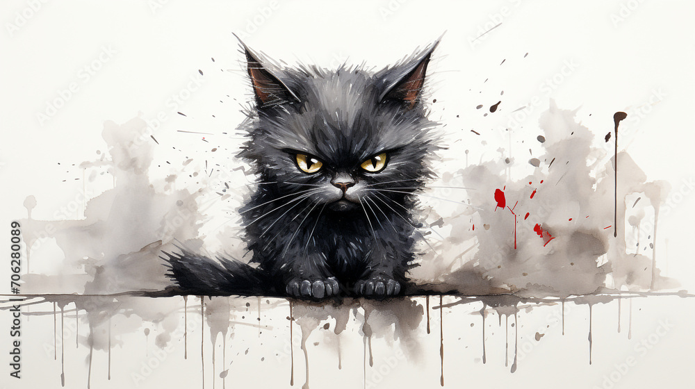 Angry and upset cat art print, handwritten scribble style, with ...