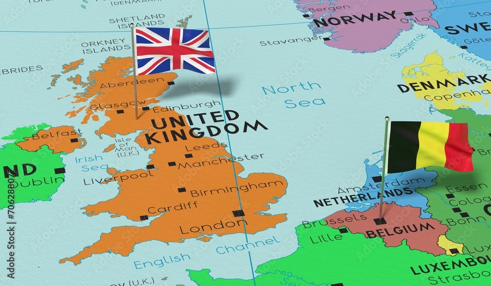 United Kingdom and Belgium - pin flags on political map - 3D ...