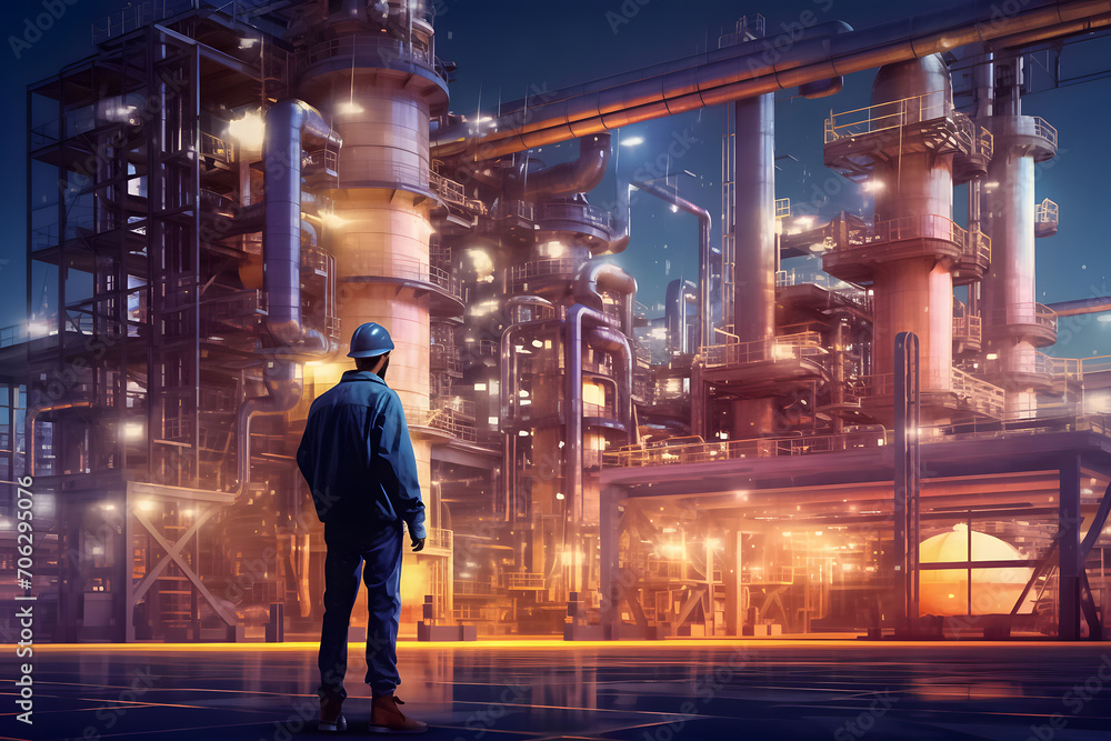 Industry engineer merges with factory backdrop through double exposure ...