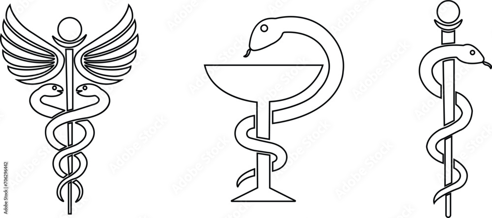 Caduceus snake icons Set in line Style. Medical center, pharmacy ...