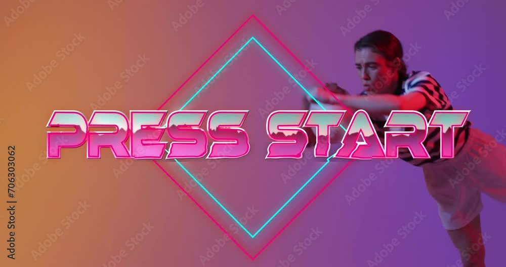 Animation of press start text with shapes over caucasian female rugby ...