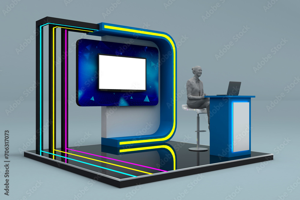 3d illustration stand booth 3x3 m modern industrial lighted with LED TV ...
