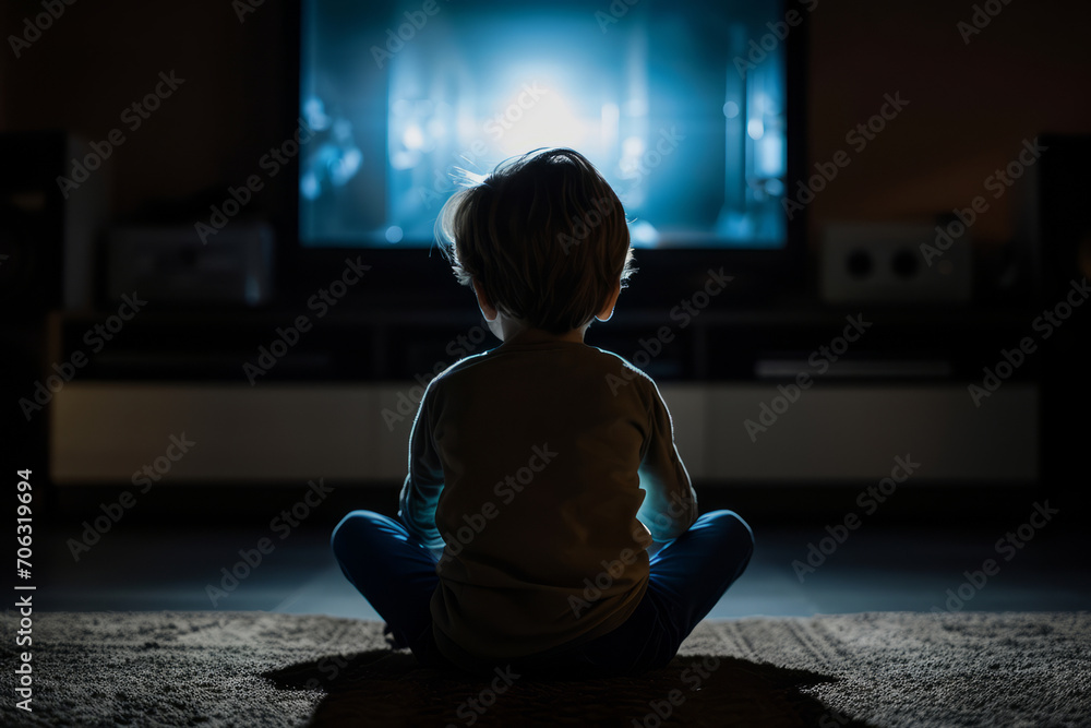 Back view of a little boy sitting in front of tv. Child watching ...