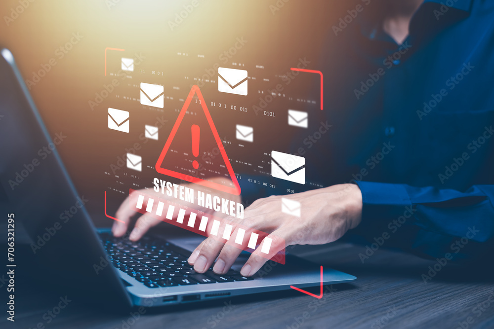 Cyber security and Security password login online, Alert Email inbox and spam virus with warning ...