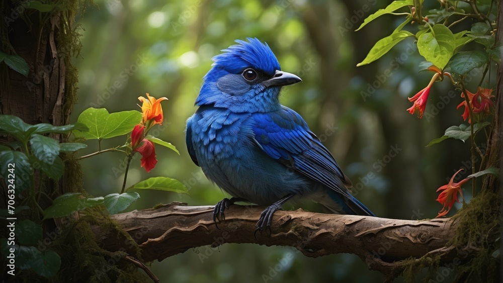 Beautiful black-naped monarch bird on a tree branch with flowers in the ...