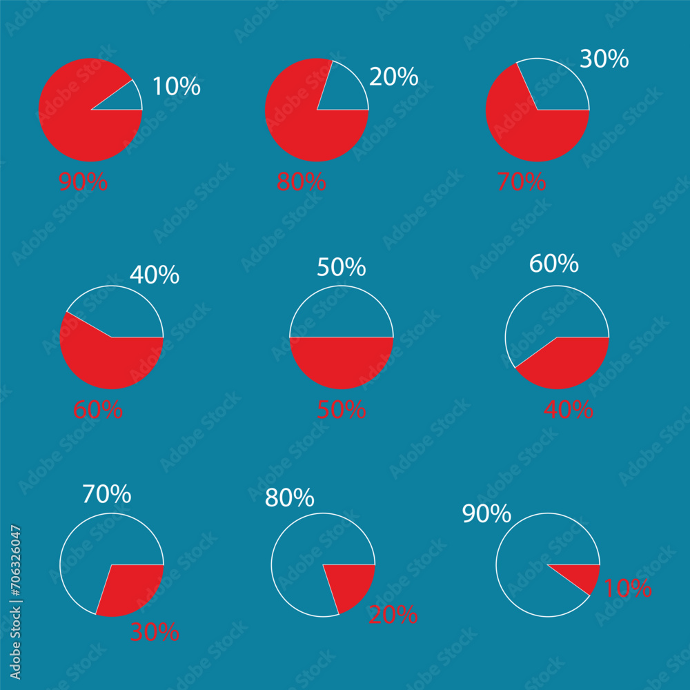 Set of pie charts percentage 10 to 90. Circle round chart, pie graph ...