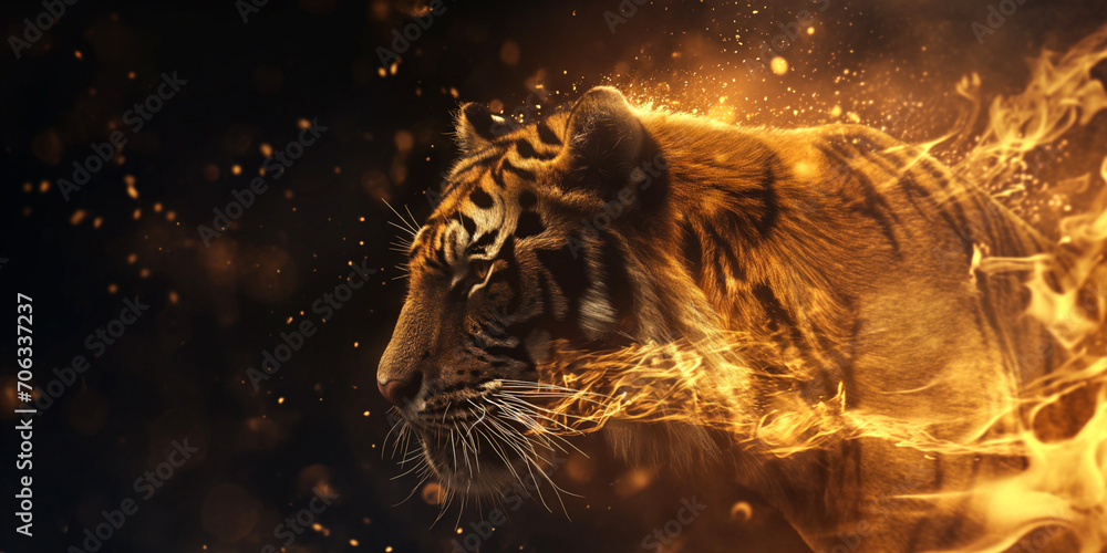 Fantasy flaming tiger - profile side view - Fire striped tiger banner ...