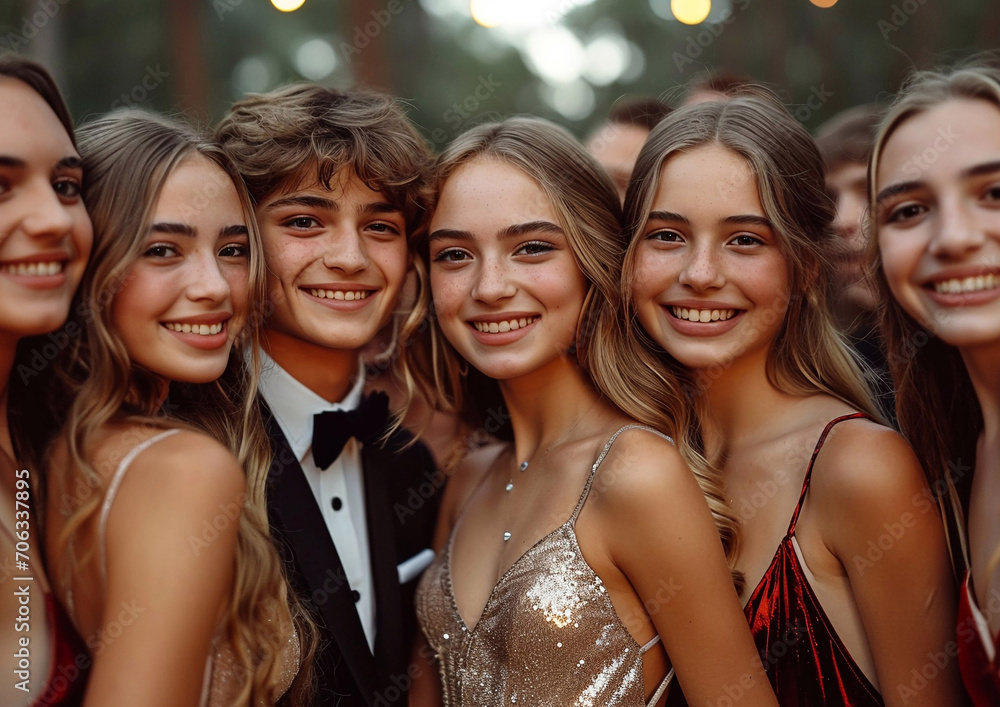 Happy students wearing beautiful dresses and tuxedos making photo ...