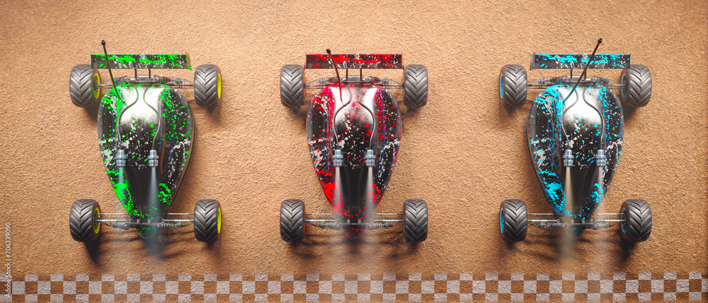 High-Octane Trio of Race Cars Poised at the Start on a Speed Circuit ...