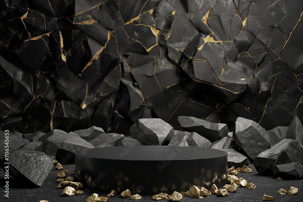 3D Render of Abstract Background with Black Cobblestone Ruins, Broken ...