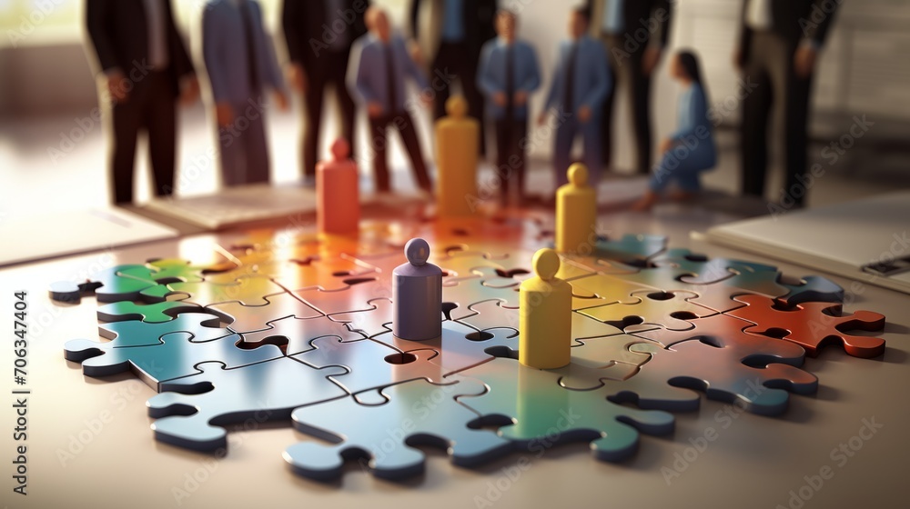 Business scene: five puzzle pieces. Each puzzle piece represents a key ...