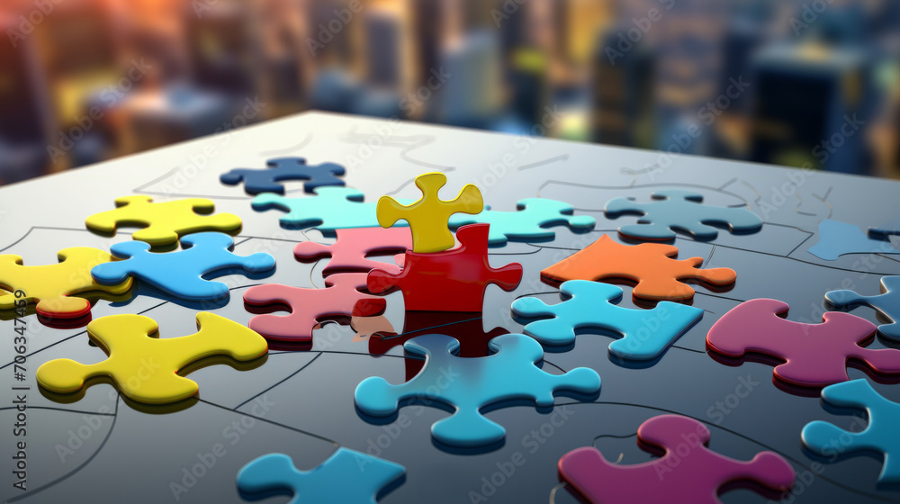 Business scene: five puzzle pieces. Each puzzle piece represents a key ...