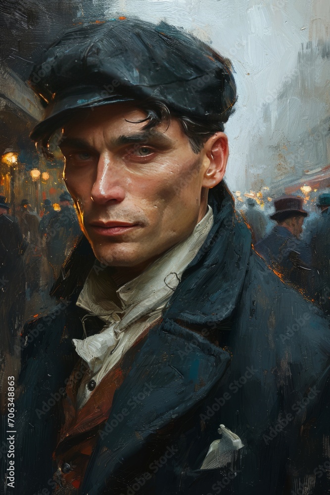 Illustrate a compelling 1900s mafia character study in oil paint ...