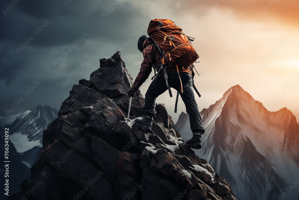 A Close-Up of a Mountain Climber Scaling a Steep Peak, Symbolizing the ...