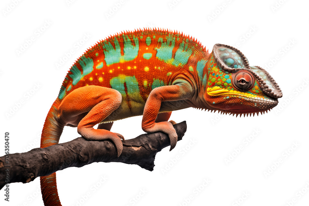 Side view of a colorful chameleon lizard on a branch isolated on ...